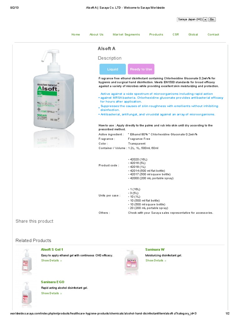 Alsoft A - Saraya Co PDF | PDF | Disinfectant | Microbiology