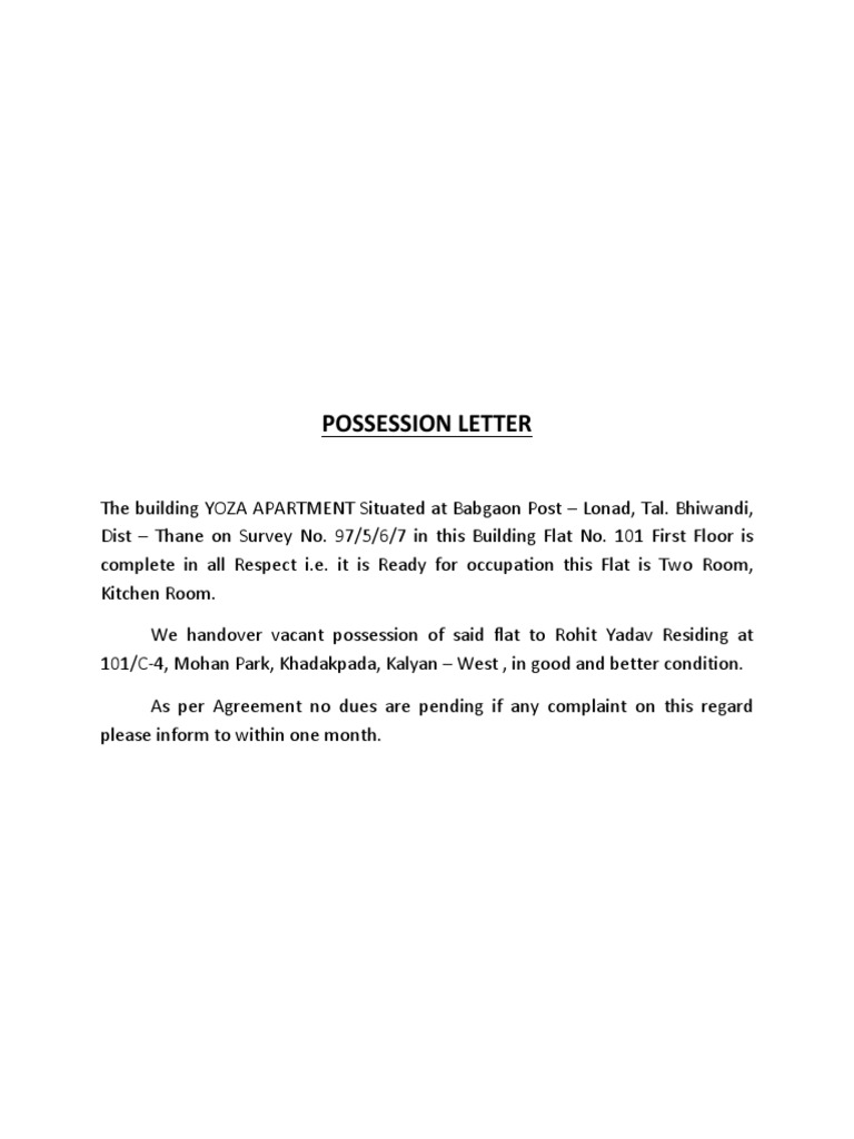 Builder Possession Letter for Flat 101 | PDF
