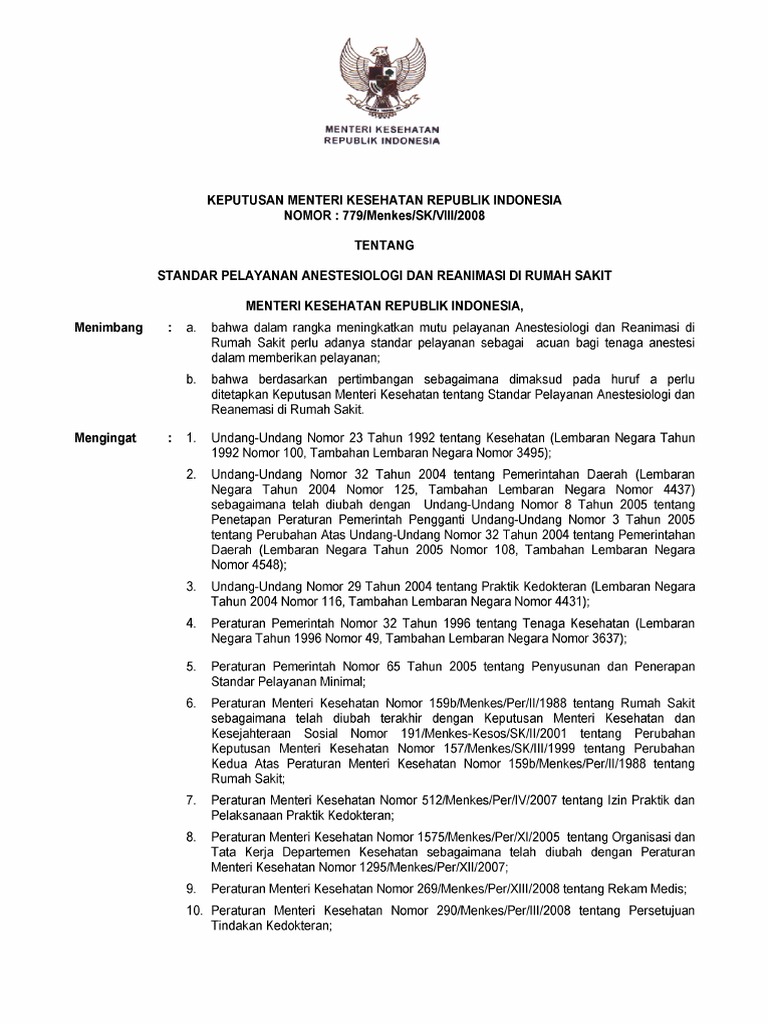 KMK 779 Tahun 2008 TTG Standar Pelayanan Anestesiologi Dan Reanimasi Di ...