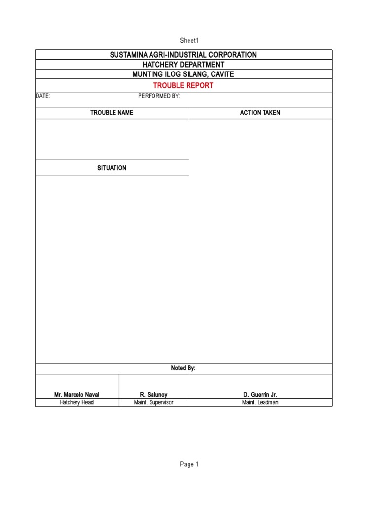 Trouble Report for Sustamina Hatchery | PDF