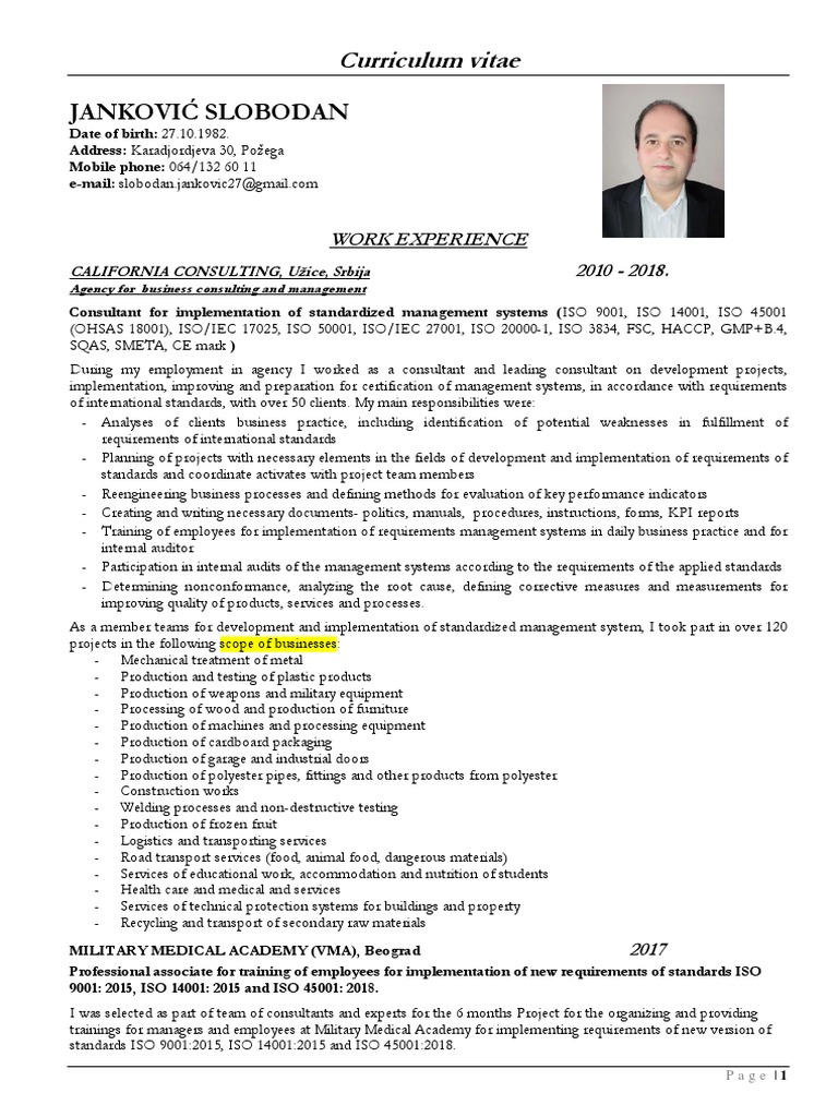 CV Slobodan Jankovic ENG | PDF | Iso 9000 | International Organization For Standardization
