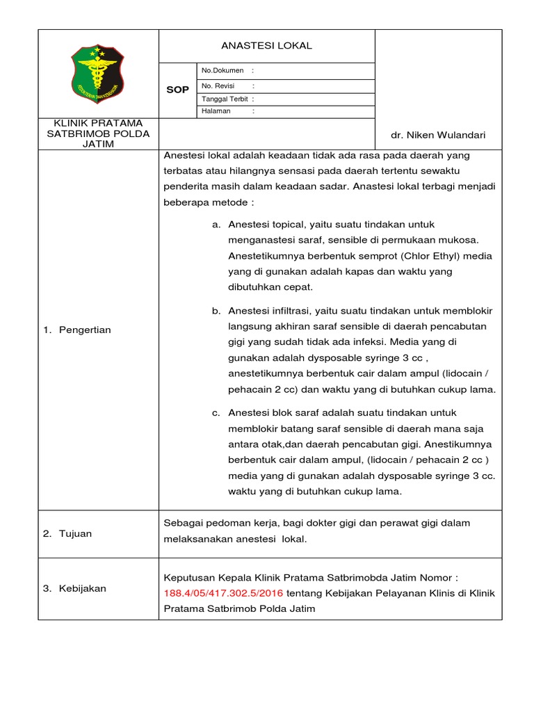 Sop Anastesi Lokal | PDF