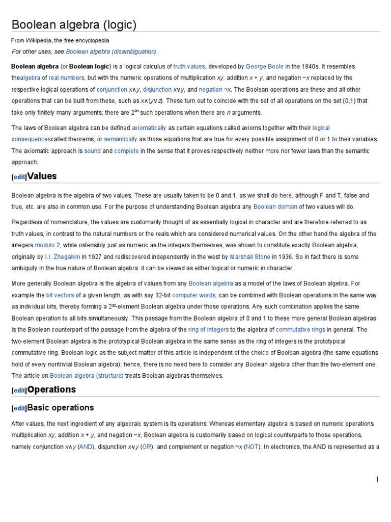 Boolean Algebra (Logic) : Values | PDF | Boolean Algebra | Teaching ...