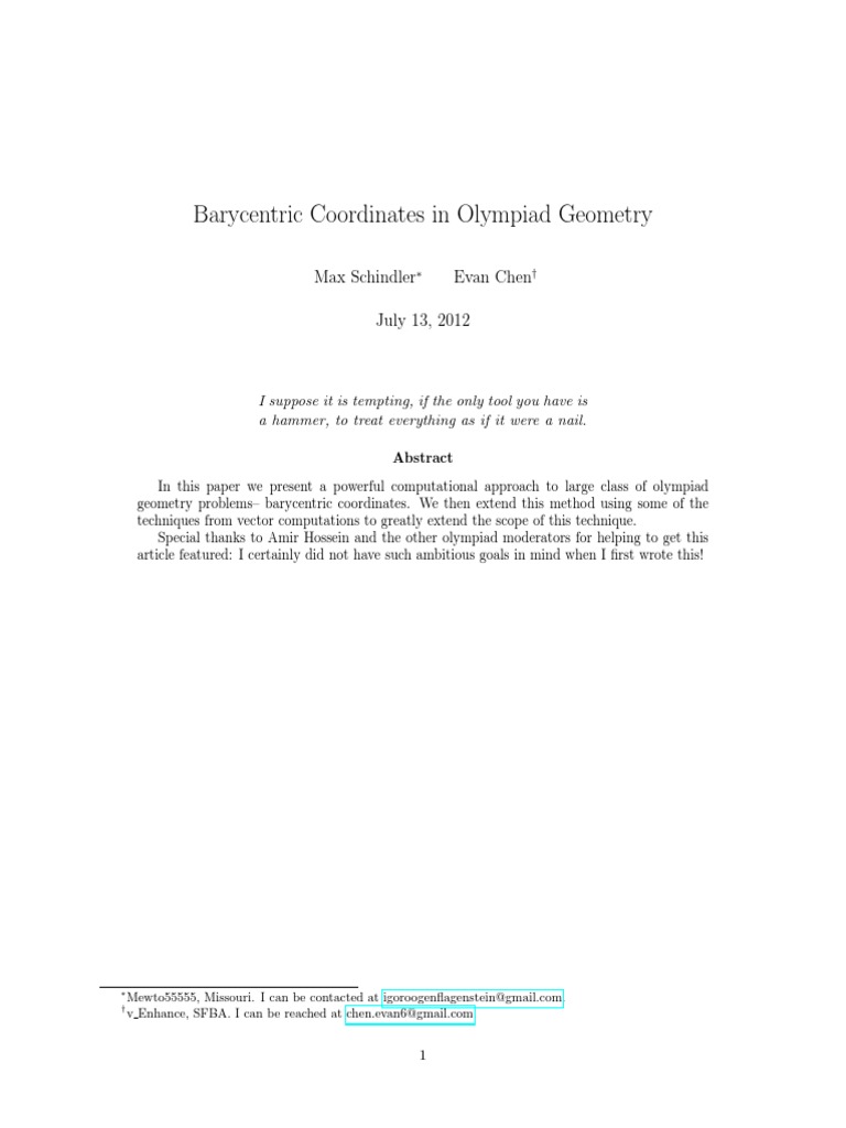Barycentric Coordinates in Olympiad Geometry - Max Schindler and Evan ... Barycentric Coordinates in Olympiad Geometry - Max Schindler and Evan ...