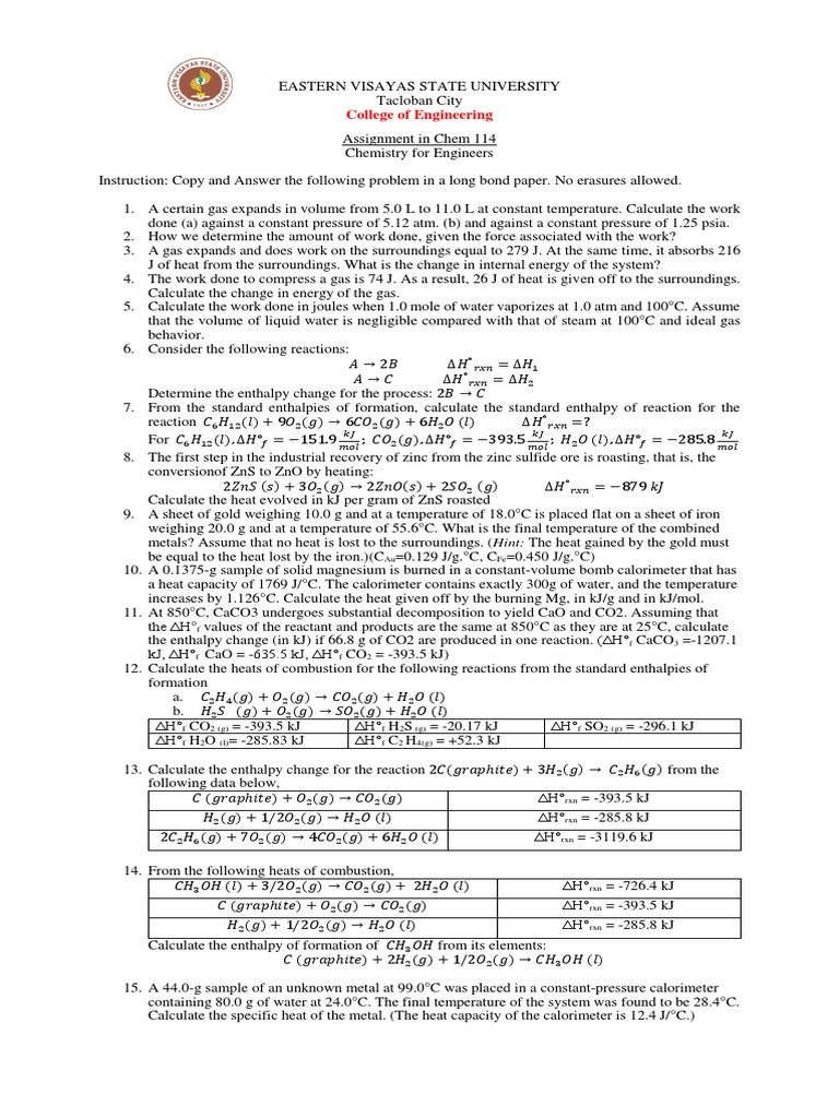 Assignment in Thermochemistry | PDF | Enthalpy | Gases