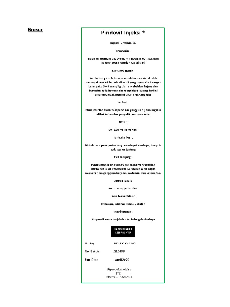 Piridovit Injeksi: Vitamin B6 untuk Mual dan Migrain | PDF