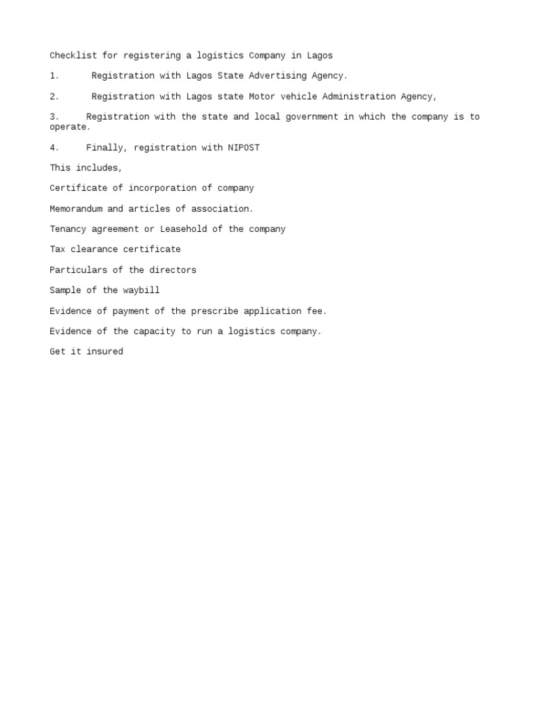 Registering a Logistics Company in Lagos | PDF