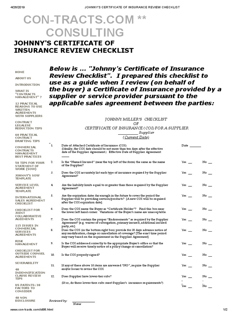 Johnny's Certificate of Insurance Review Checklist: A Comprehensive 12 ...