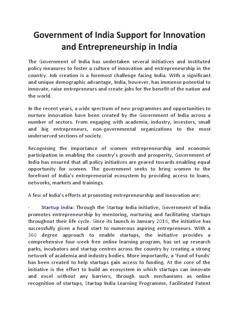 Government of India Support For Innovation and Entrepreneurship in ...