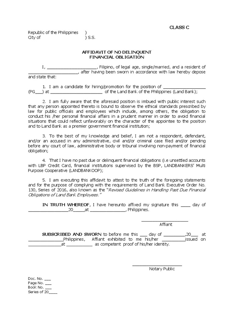 Affidavit of No Delinquent Financial Obligation | PDF | Affidavit ...