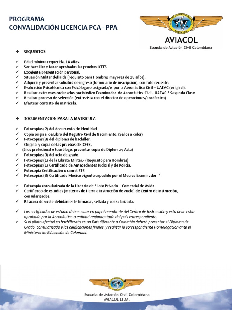 Programa de convalidación de licencia de piloto comercial o privado de avión (PCA-PPA ...