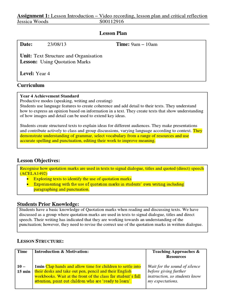 Lesson Plan Quotation Marks Final | PDF | Educational Assessment ...