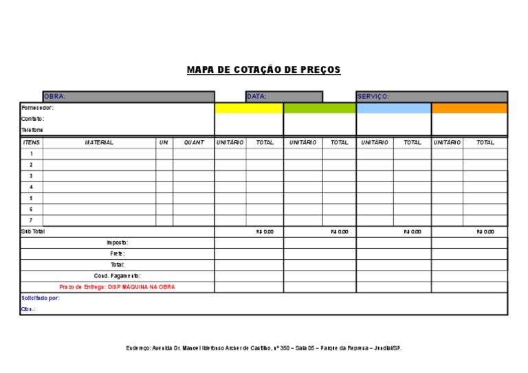 Mapa de Cotação de Preços para Fornecedores | PDF