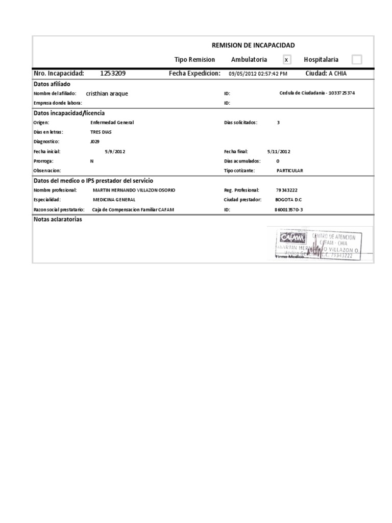 Formato de Incapacidad Médica Particular | PDF
