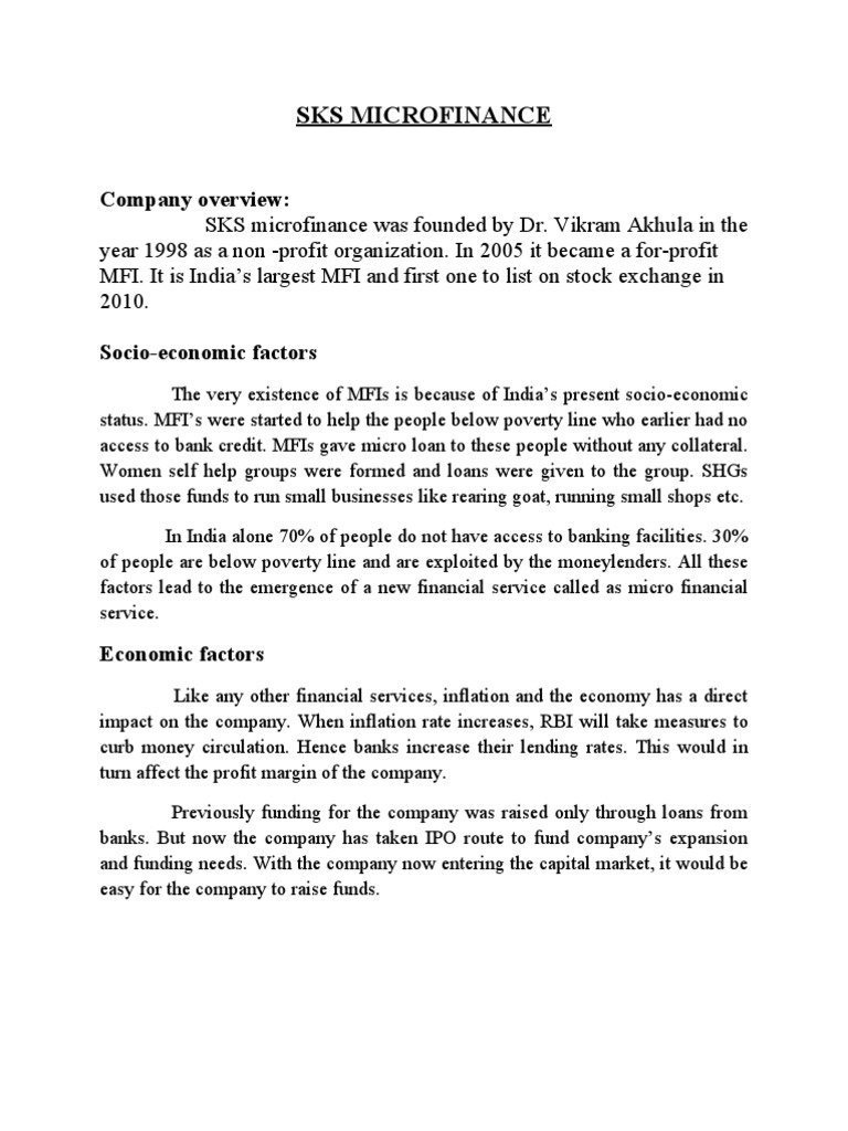 Sks Microfinance: Company Overview: SKS Microfinance Was Founded by Dr. Vikram Akhula in The ...