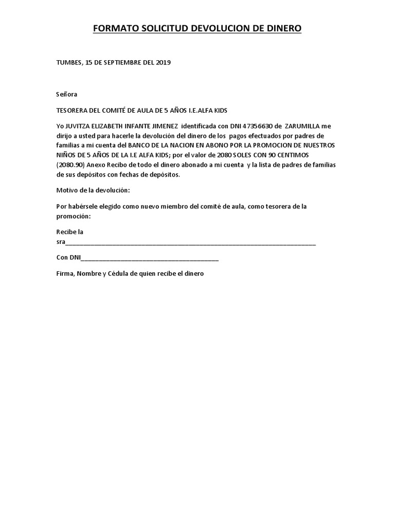 Formato Solicitud Devolucion de Dinero | PDF