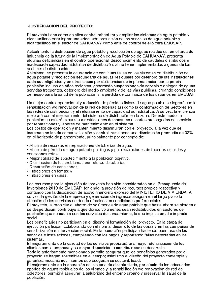 JUSTIFICACIÓN DEL PROYECTO.docx | Alcantarillado | Agua potable
