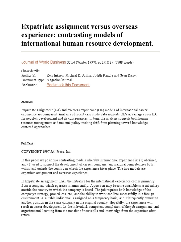 Expatriate Assignment Versus Overseas Experience | PDF | Employment ...