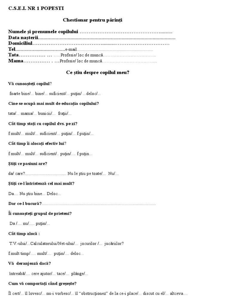 5 Chestionar Pentru Parinti | PDF