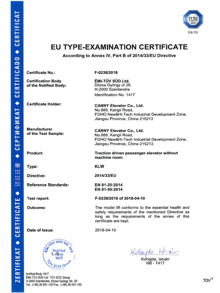 Canny KLW Elevator CE Certificate | PDF