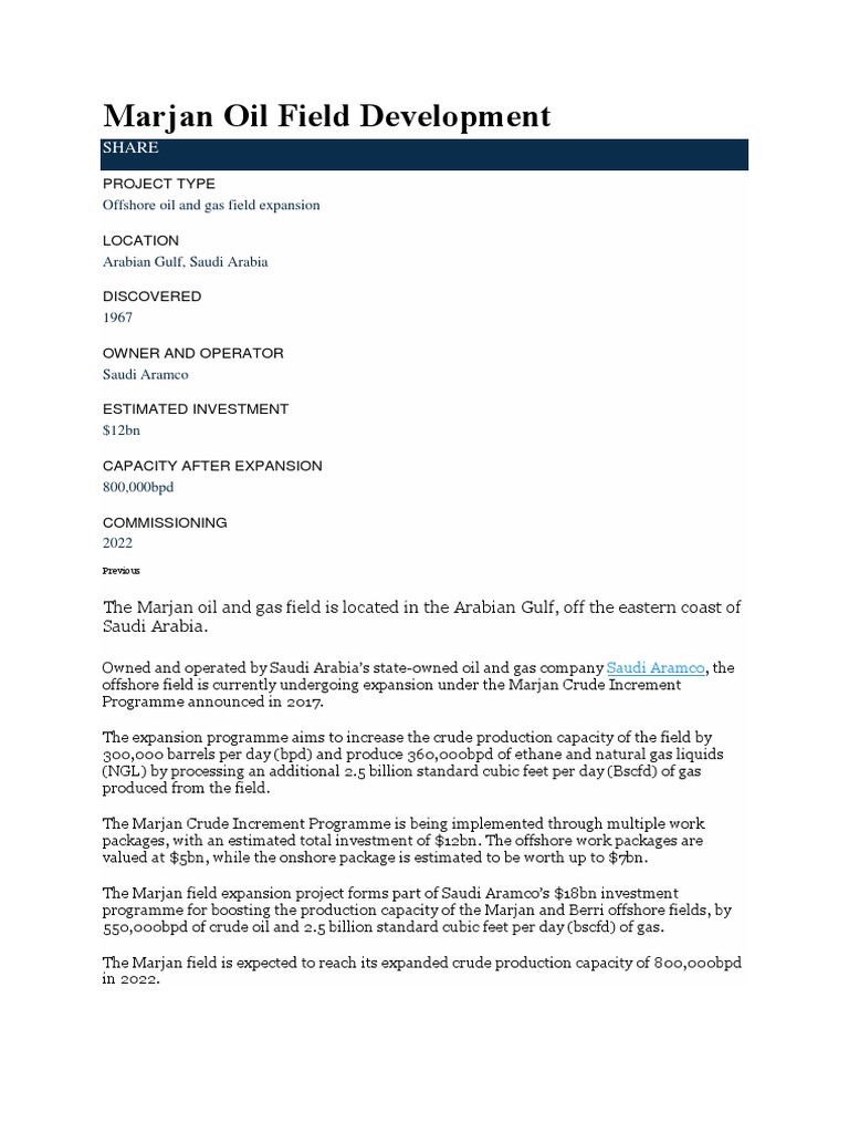 Marjan Oil Field Development | PDF | Barrel (Unit) | Natural Gas