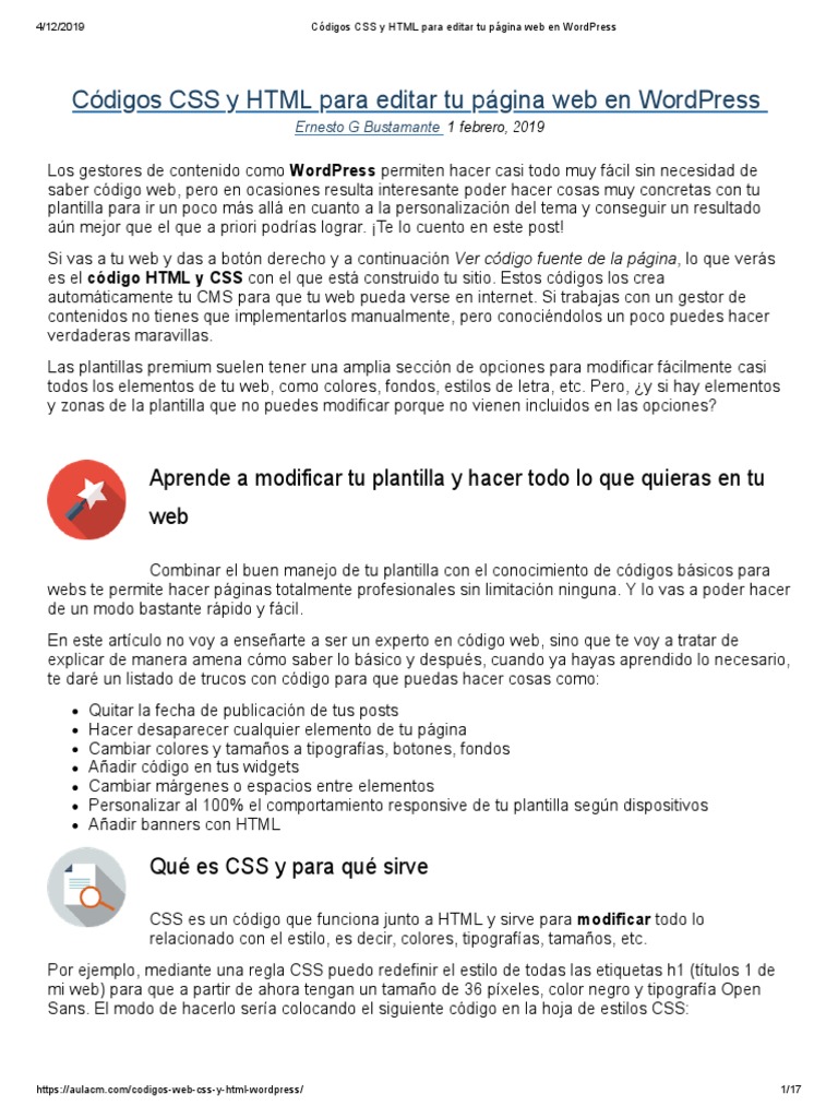 Códigos CSS y HTML para Editar Tu Página Web en WordPress PDF | PDF | Hojas de estilo en cascada ...