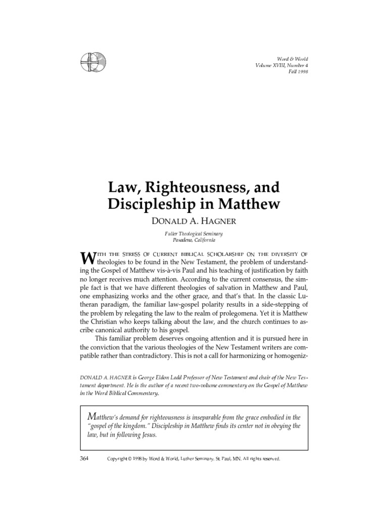 Law Righteousness and Discipleship in Matthew PDF | PDF | Gospel Of ...