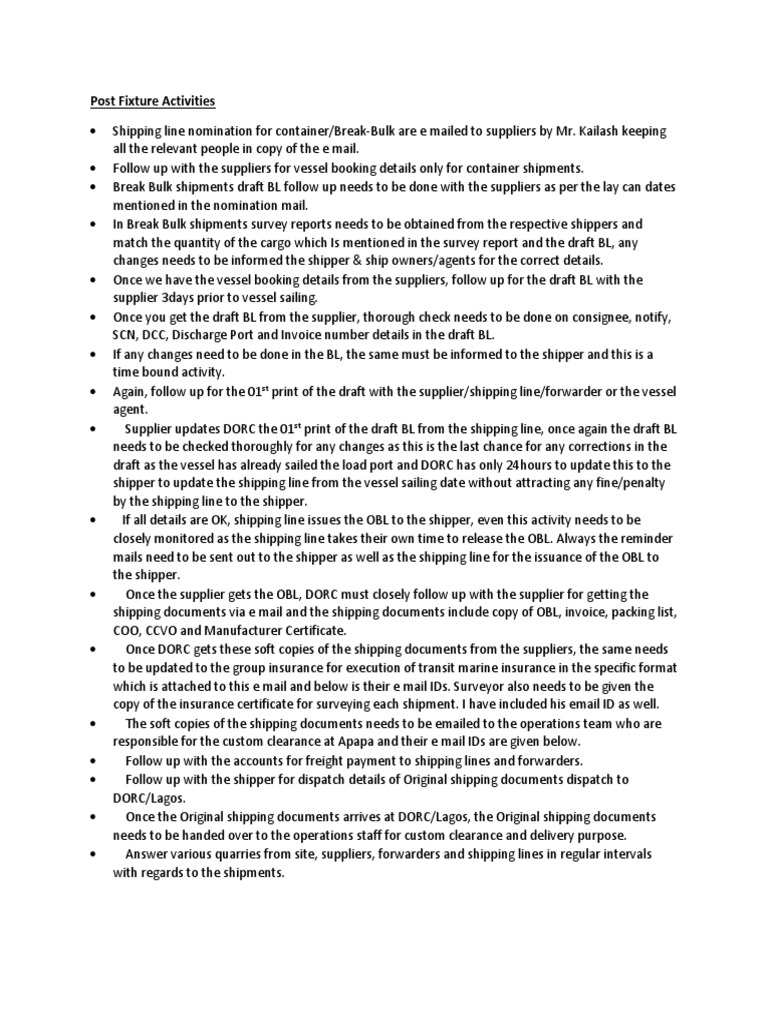 Post Fixture Activities | PDF | Mail | Cargo