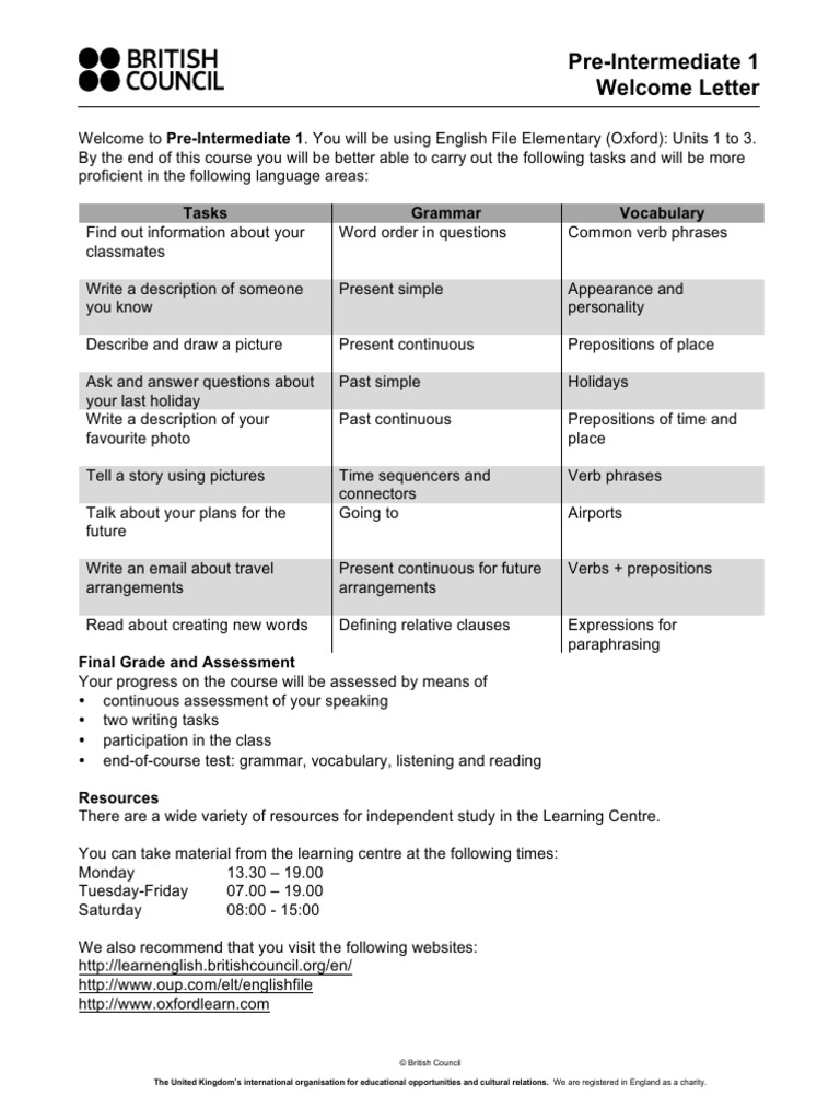 Pre Intermediate 1 Welcome Letter EF3 PDF | PDF | Preposition And ...