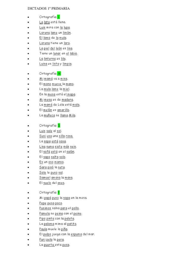 Dictados 1º Primaria | PDF | Alimentos | Naturaleza