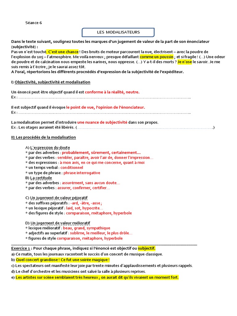 Exercices sur les modalisateurs en français | PDF | Phrase | Verbe