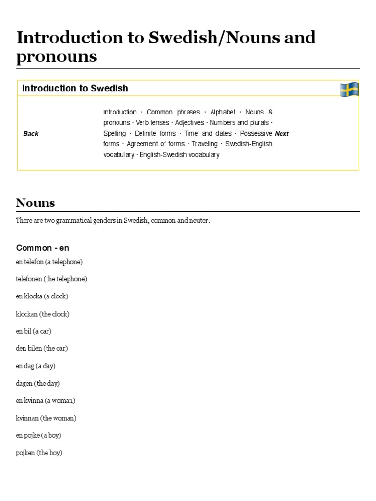 Introduction To Swedish:Nouns and Pronouns - Wikiversity PDF | PDF