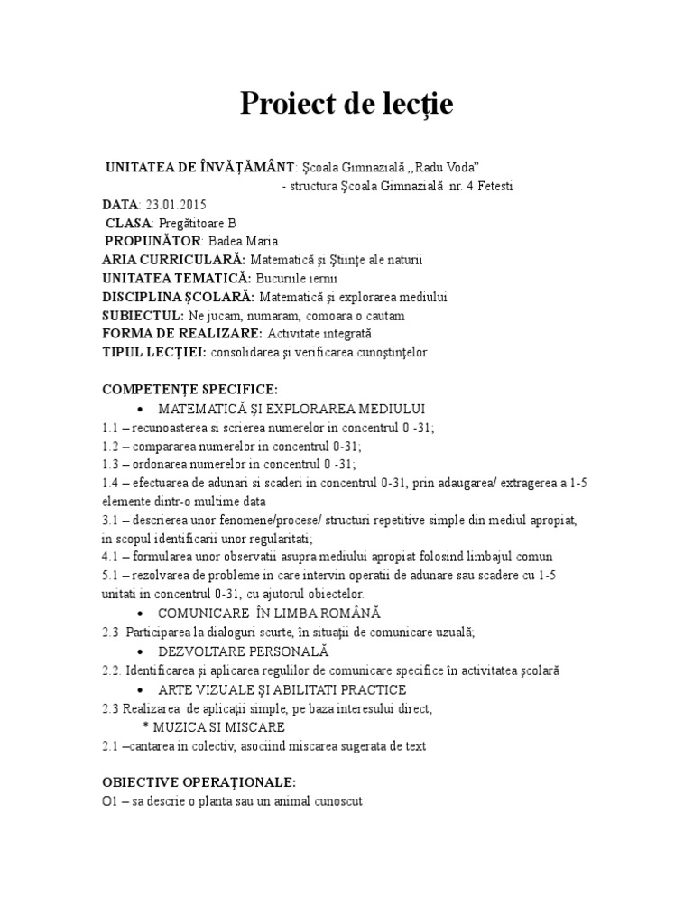 Proiect Didactic Mem Clasa Pregatitoare | PDF