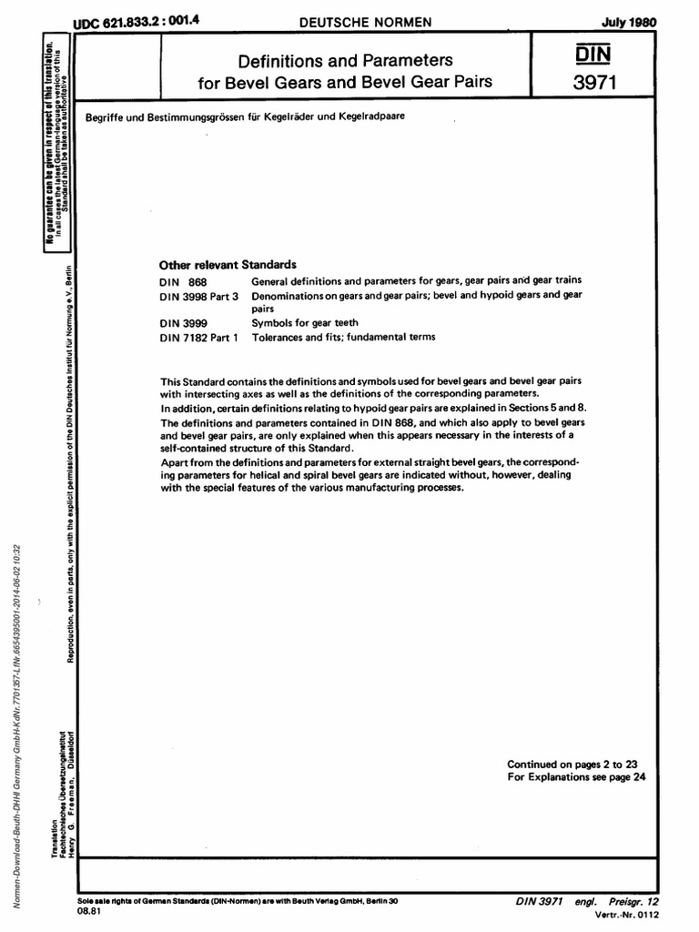 DIN 3971 1980-07 Bevel Gear Parameters | PDF | Gear | Geometry