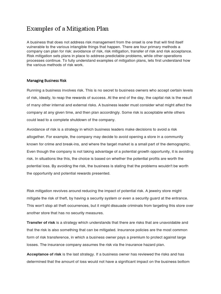 Examples of A Mitigation Plan | PDF | Risk Management | Emergency ...
