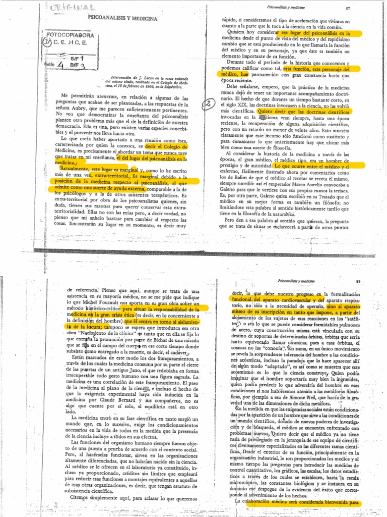 LACAN (1966) - Intervenciones y Textos 1. Cap. Psicoanálisis y Medicina PDF | PDF