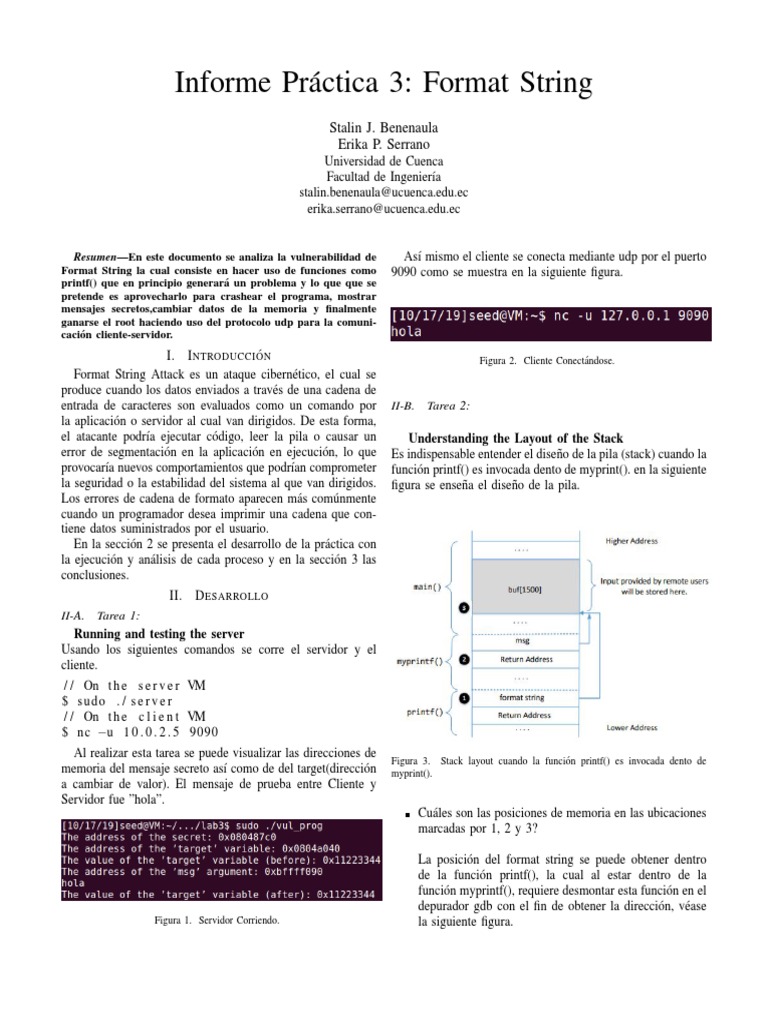 Informe PR Ctica 3 Format String PDF | PDF | Ingeniería de software | Tecnologías de la información