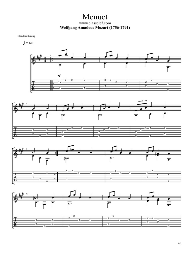 Guitar Tab for Mozart's Menuet | PDF | Wolfgang Amadeus Mozart | Mozart ...