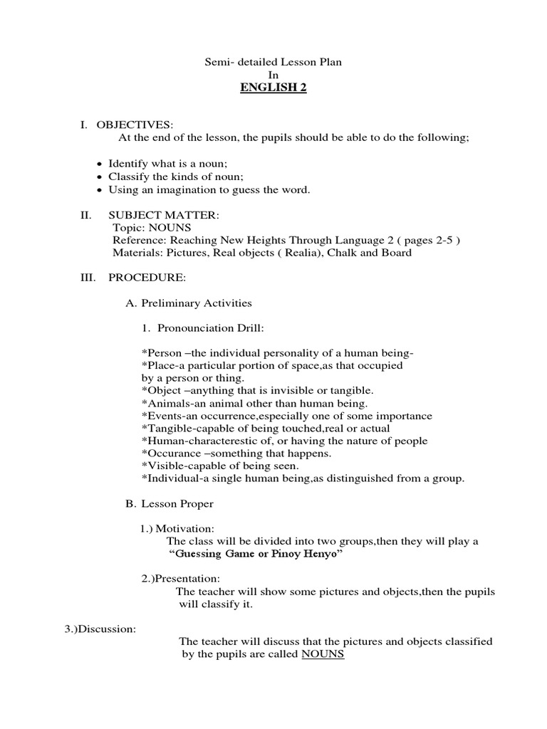 Lesson Plan in Grade 2 About Noun | PDF | Ear | Hearing