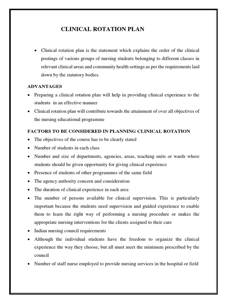 Clinical Rotation Plan | PDF | Nursing | Hospital