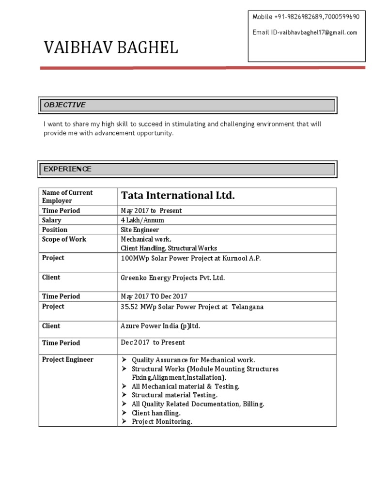 CV of Vaibhav Baghel | PDF | Power Station | Engineering