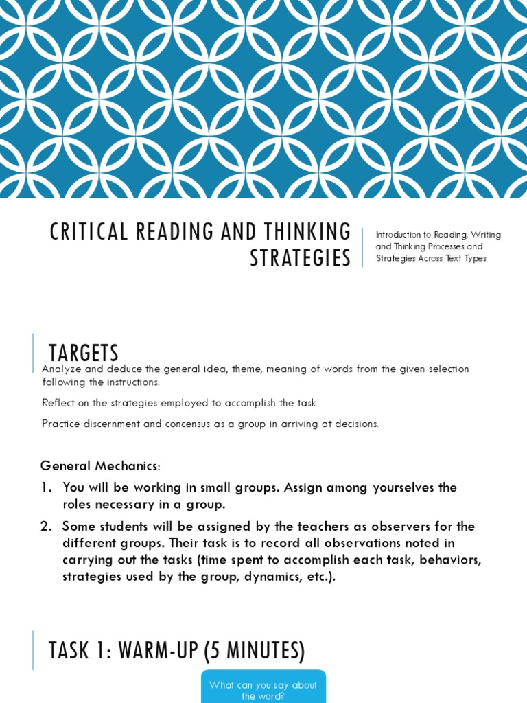 Critical Reading and Thinking Strategies 2 | PDF | Idea | Speed Reading