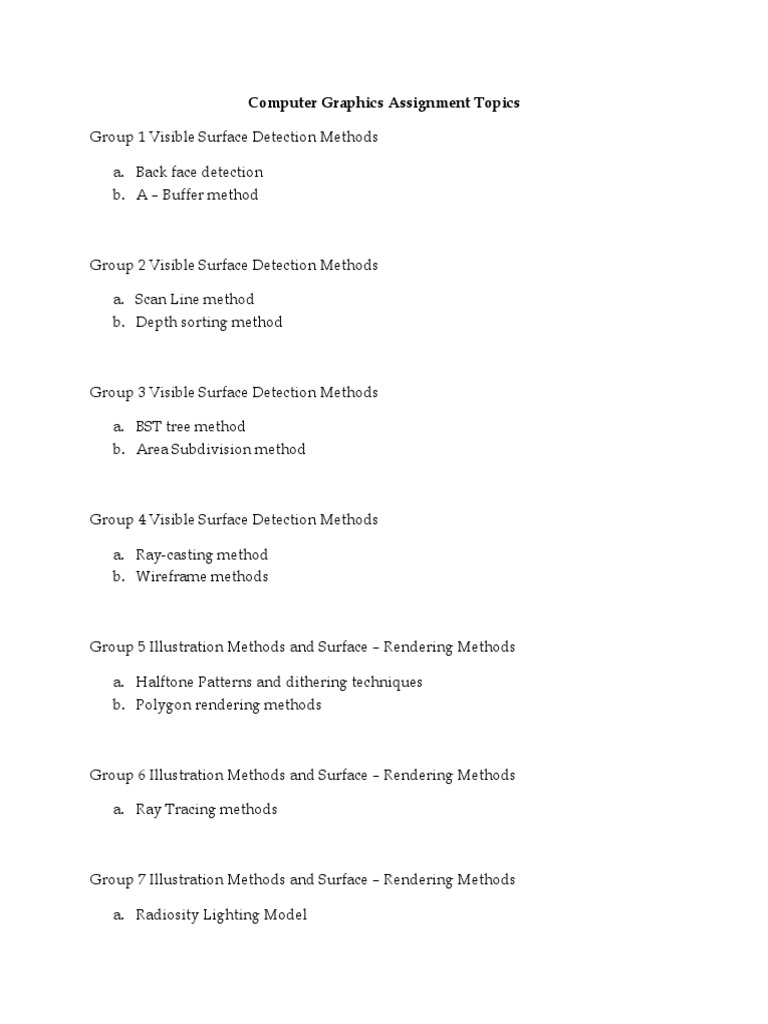 Computer Graphics Assignment Topics