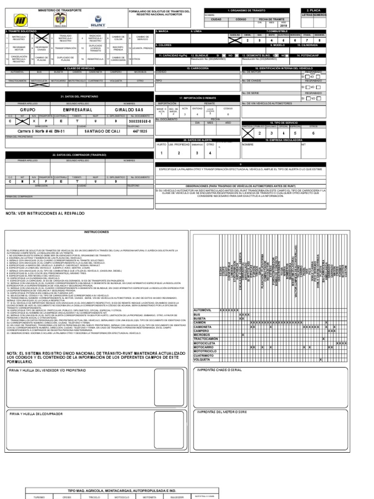 Formulario de Solicitud de Tramites Del Registro Nacional Automotor ...