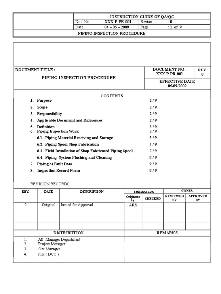 Piping Inspection Procedure | PDF | Pipe (Fluid Conveyance) | Quality ...