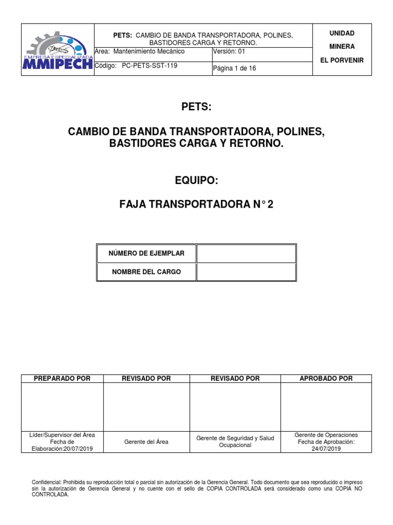 Pc-Pets-Sst-119 Cambio de Banda Transportadora, Polines, Bastidores Carga y Retorno | PDF ...
