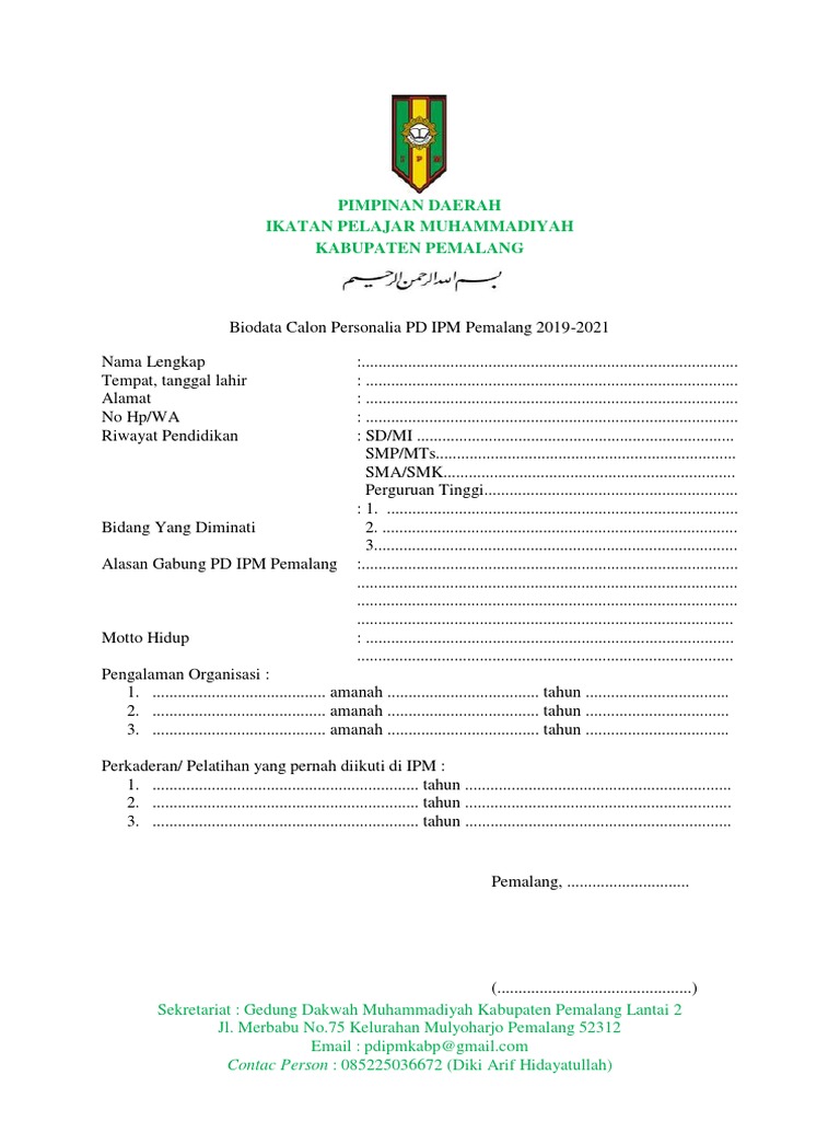 Biodata Calon Personalia PD Ipm Pemalang 2019 | PDF
