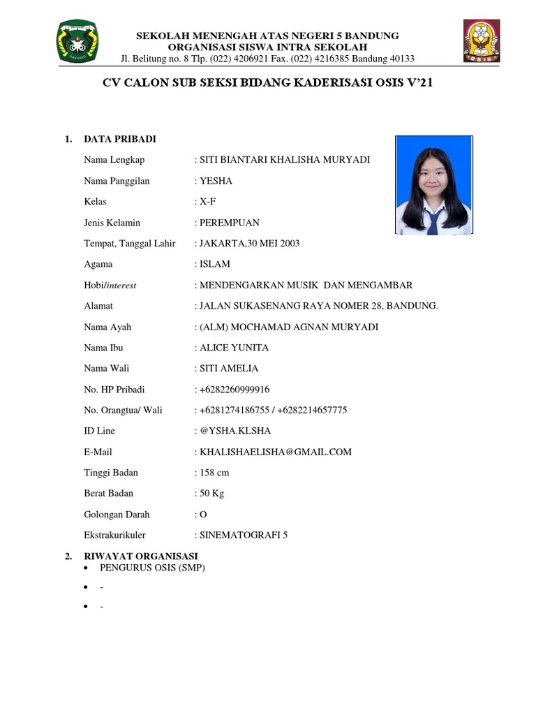 CV Calon Sub-Seksi Bidang Kaderisasi OSIS V'21 Yesha | PDF