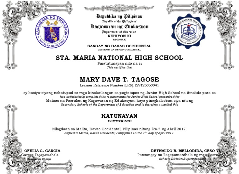 Sample Template For Grade 10 Certificate of Completion | PDF