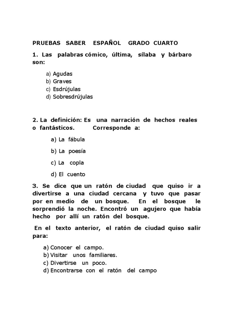 Pruebas Saber: Español Grado Cuarto | PDF | Oración (Lingüística ...